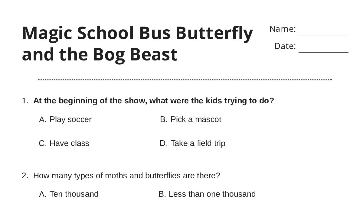 Magic School Bus Butterfly and the Bog Beast﻿﻿﻿ - My Worksheet Maker ...