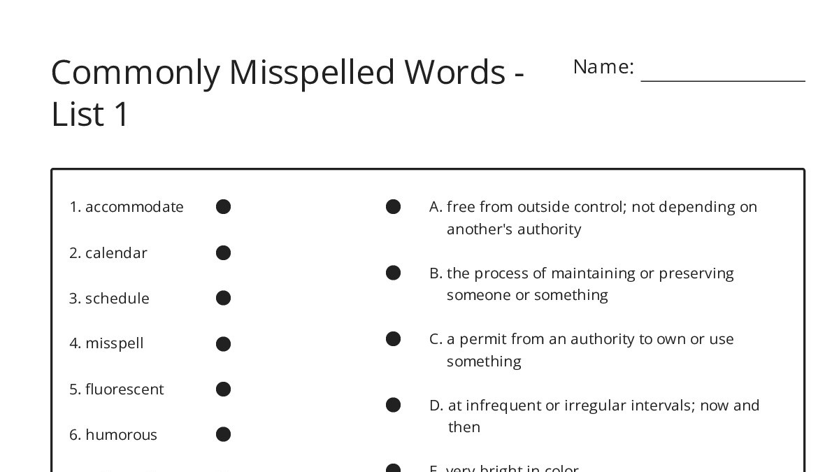 Commonly Misspelled Words - List 1 - My Worksheet Maker: Create Your ...
