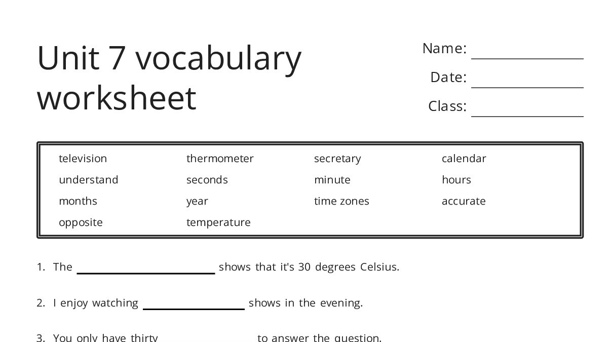 Unit 7 vocabulary worksheet - My Worksheet Maker: Create Your Own ...
