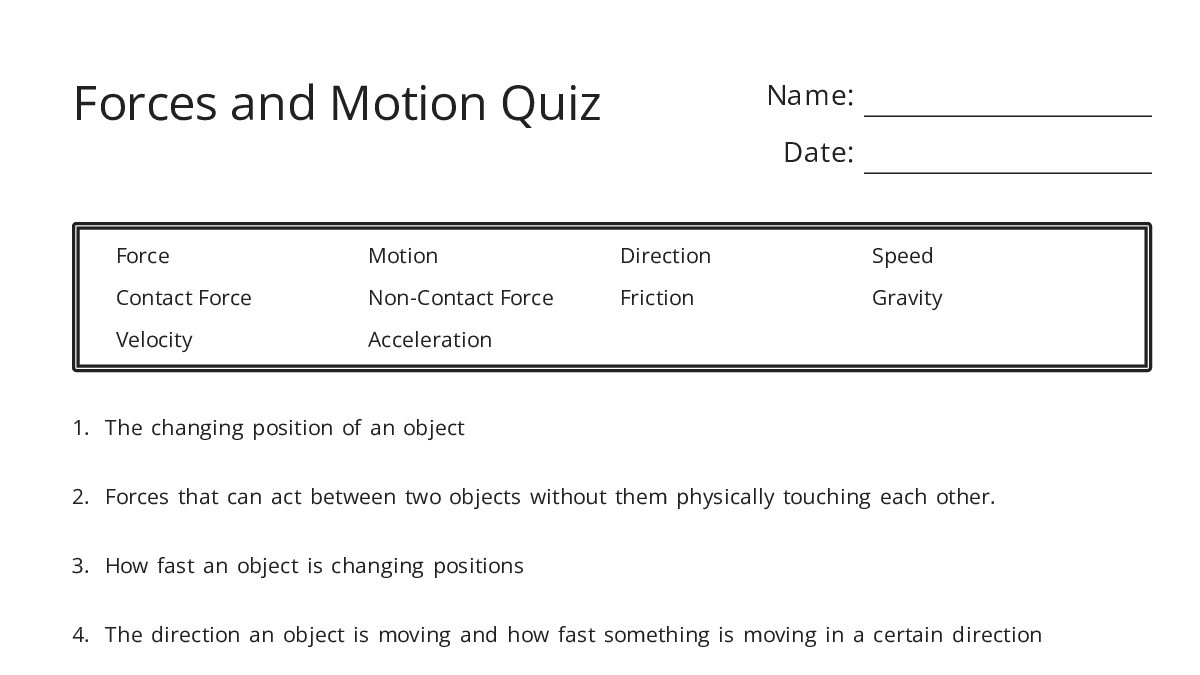 Forces and Motion Quiz - My Worksheet Maker: Create Your Own Worksheets