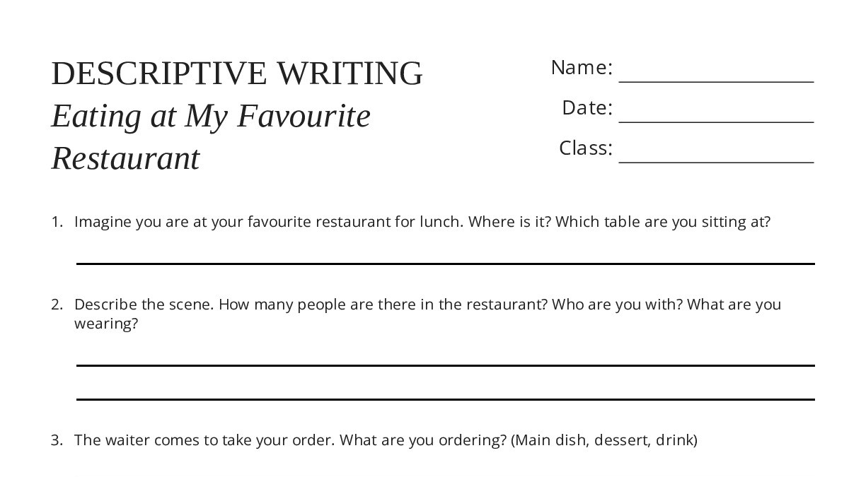 DESCRIPTIVE WRITING Eating at My Favourite Restaurant - My Worksheet ...