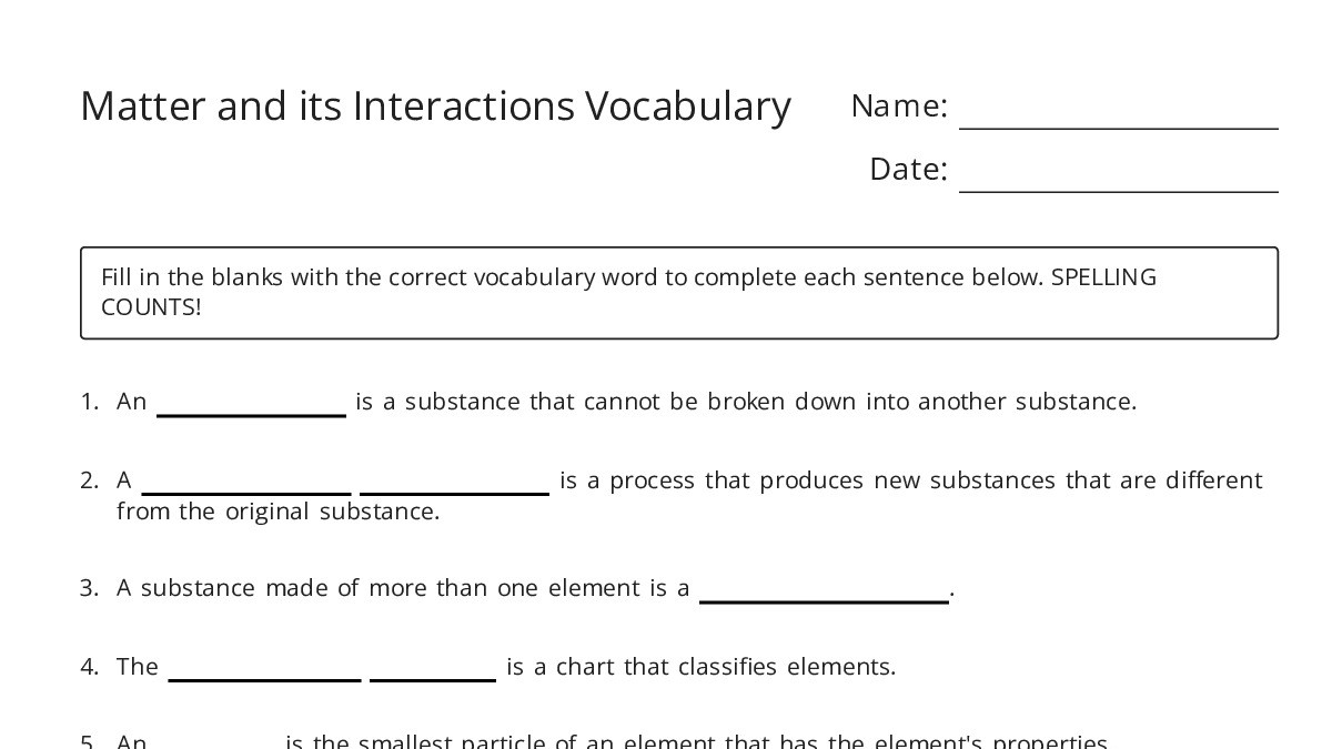 Matter and its Interactions Vocabulary - My Worksheet Maker: Create ...