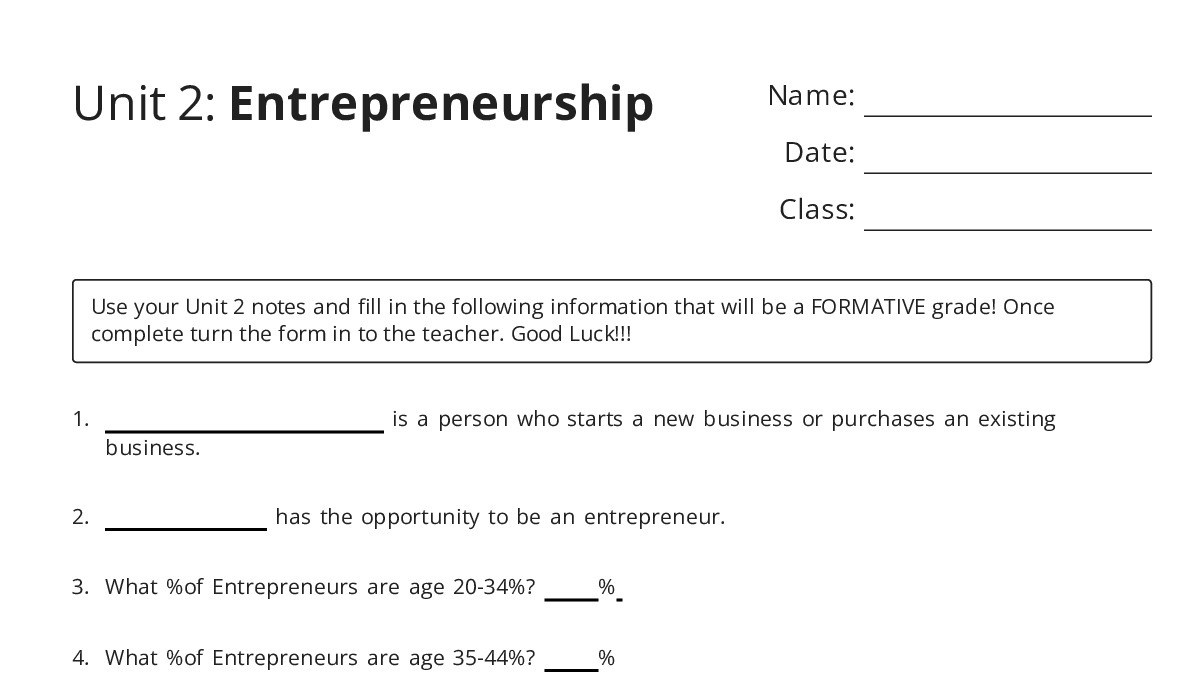 Unit 2: Entrepreneurship - My Worksheet Maker: Create Your Own Worksheets