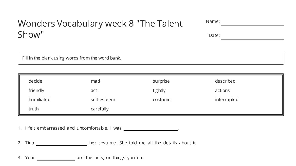 Wonders Vocabulary week 8 "The Talent Show" - My Worksheet Maker ...