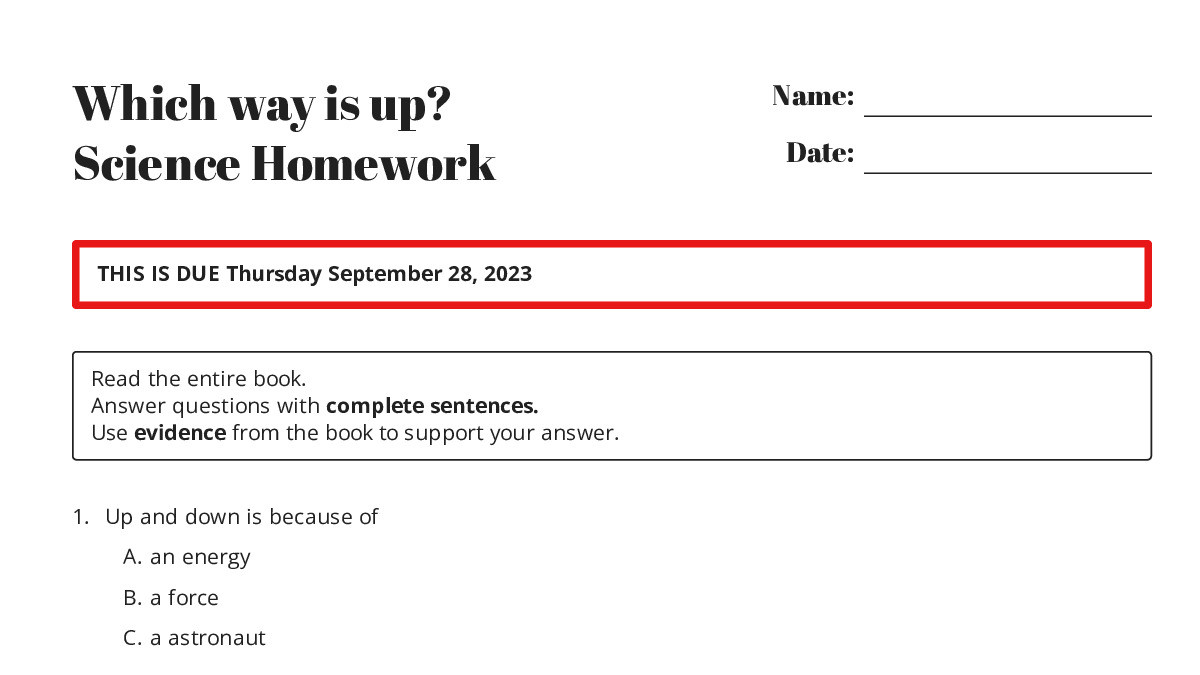 Which way is up? Science Homework - My Worksheet Maker: Create Your Own ...
