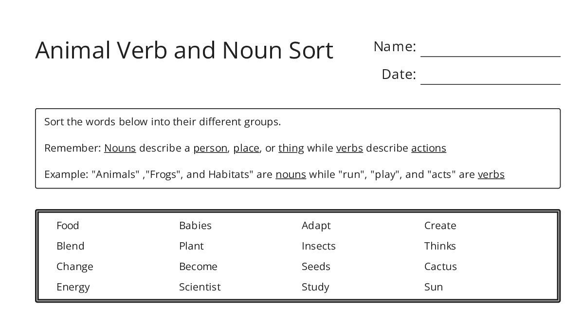 Animal Verb and Noun Sort - My Worksheet Maker: Create Your Own Worksheets