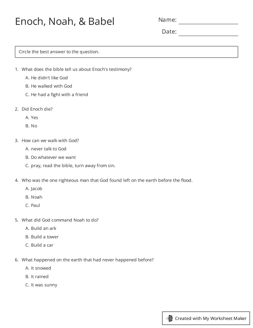 Enoch, Noah, & Babel - My Worksheet Maker: Create Your Own Worksheets