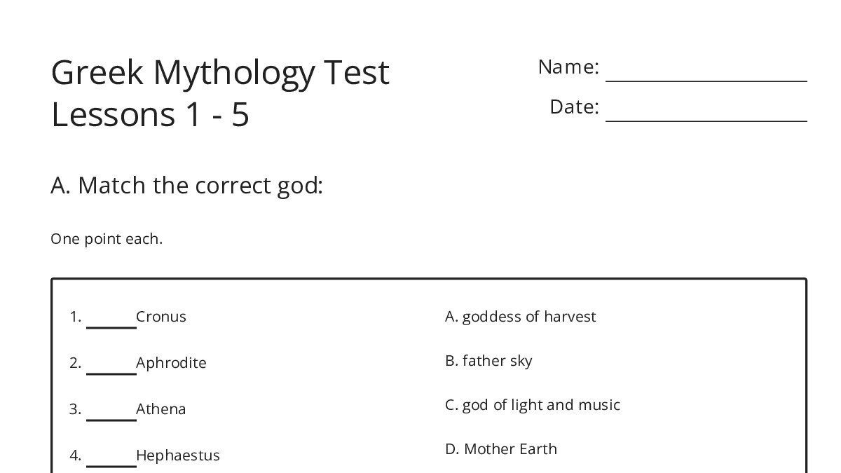 Greek Mythology Test Lessons 1 - 5 - My Worksheet Maker: Create Your ...