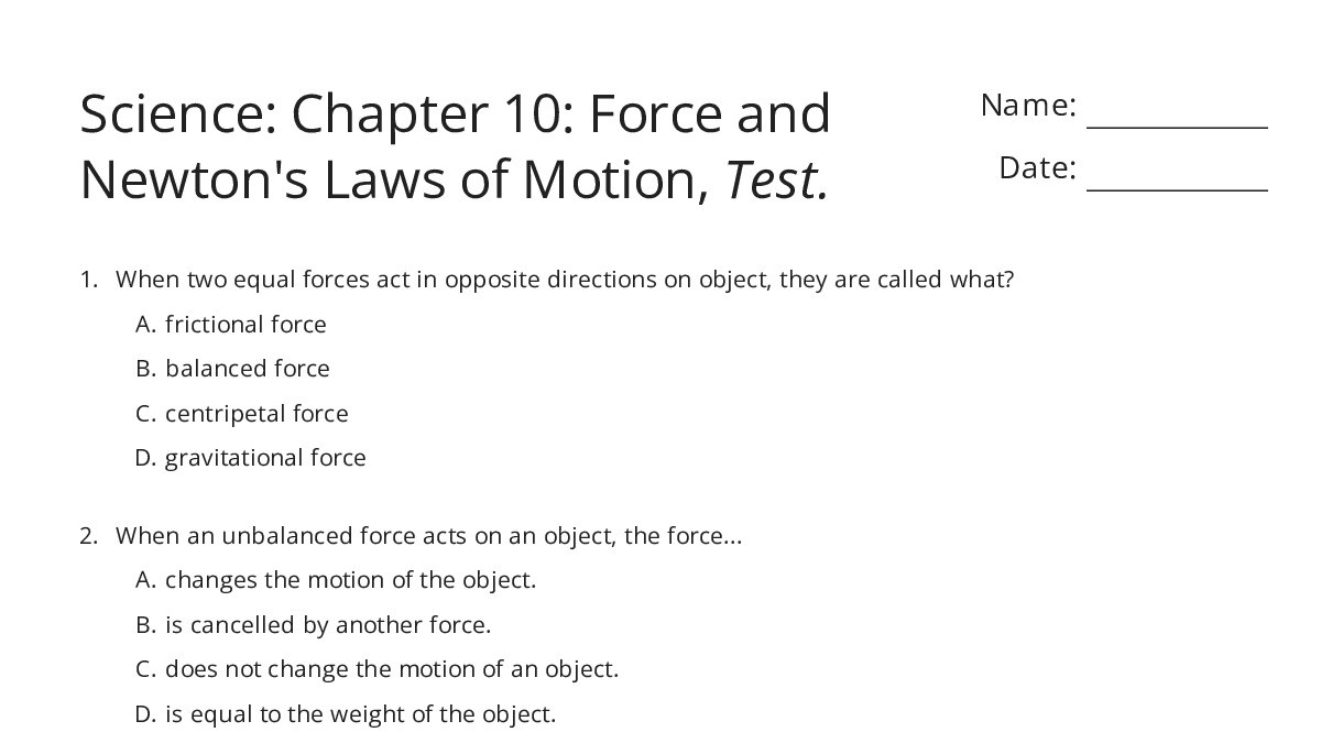 Science: Chapter 10: Force and Newton's Laws of Motion, Test. - My ...