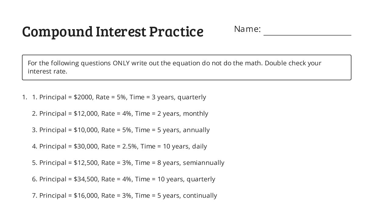 Compound Interest Practice - My Worksheet Maker: Create Your Own Worksheets