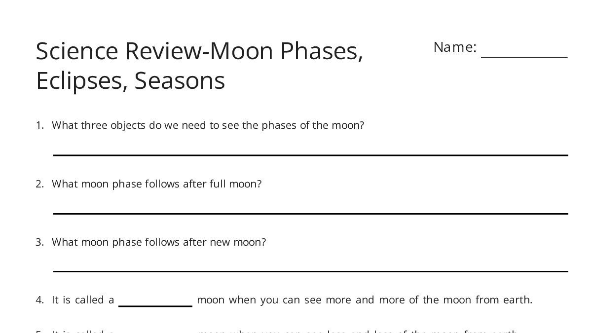 Science Review-Moon Phases, Eclipses, Seasons - My Worksheet Maker ...