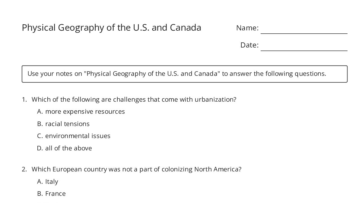Physical Geography of the U.S. and Canada - My Worksheet Maker: Create ...