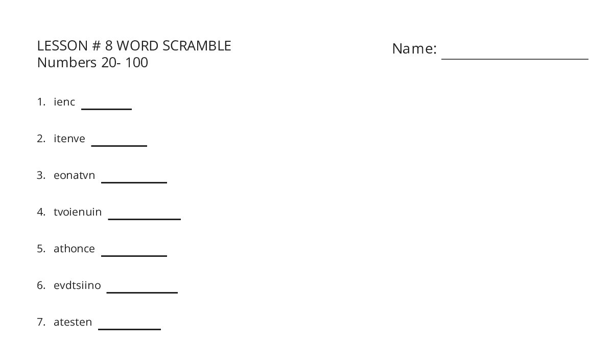 LESSON # 8 WORD SCRAMBLE Numbers 20- 100 - My Worksheet Maker: Create ...