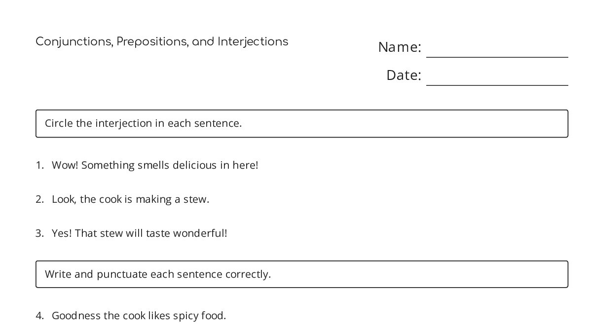 Conjunctions, Prepositions, and Interjections - My Worksheet Maker ...