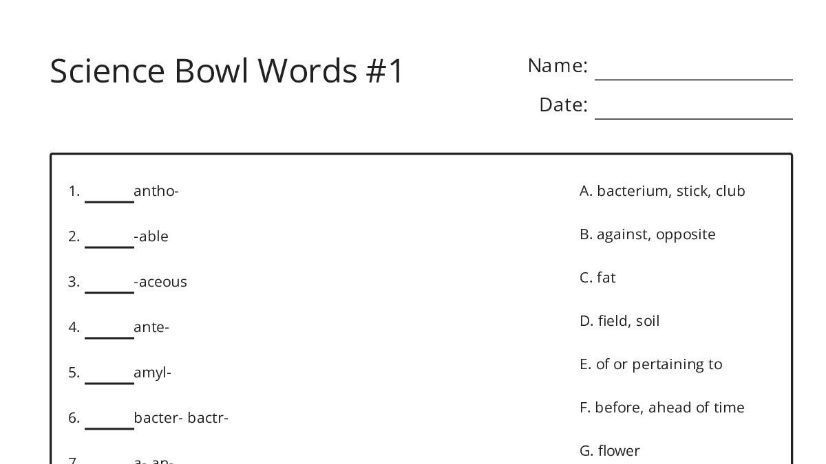 Science Bowl Words #1 - My Worksheet Maker: Create Your Own Worksheets