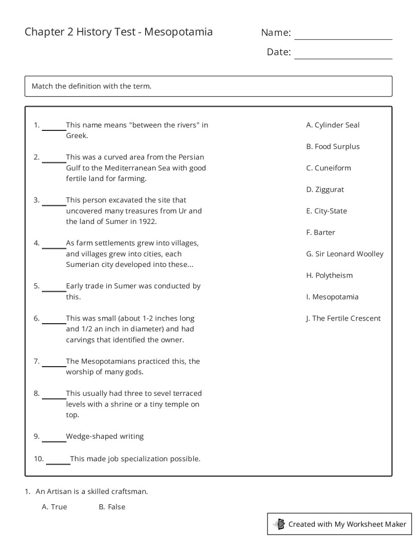 Chapter 2 History Test - Mesopotamia - My Worksheet Maker: Create Your ...