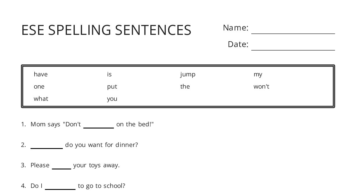 ESE SPELLING SENTENCES - My Worksheet Maker: Create Your Own Worksheets