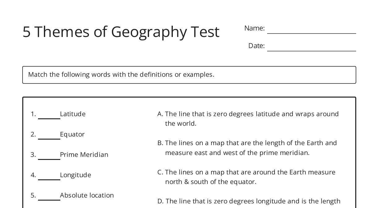 5 Themes of Geography Test - My Worksheet Maker: Create Your Own Worksheets