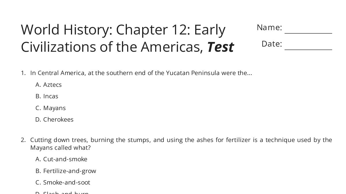 World History: Chapter 12: Early Civilizations of the Americas, Test ...