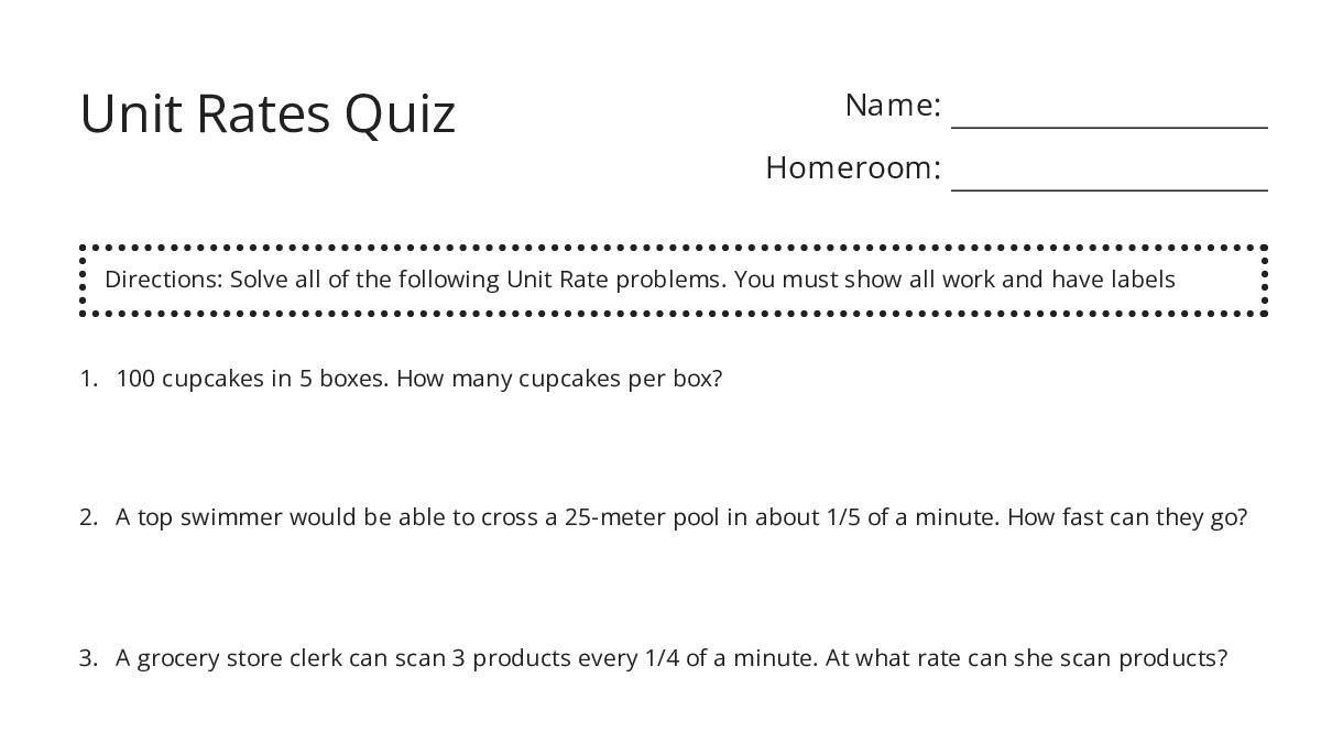 Unit Rates Quiz - My Worksheet Maker: Create Your Own Worksheets