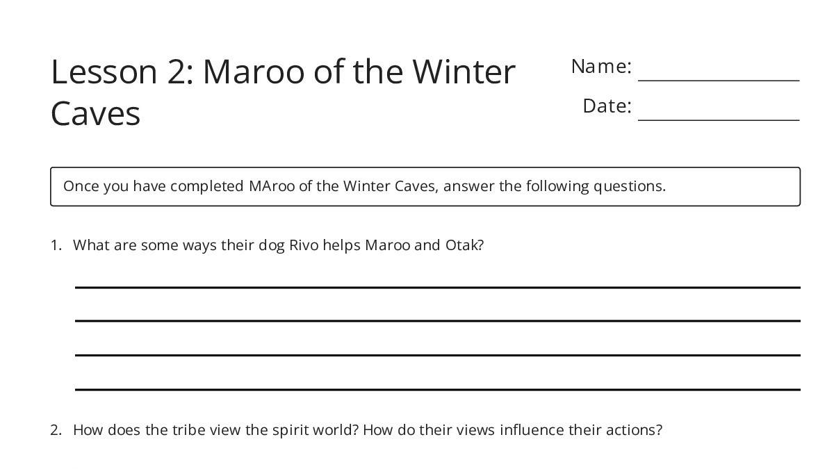 Lesson 2: Maroo of the Winter Caves - My Worksheet Maker: Create Your ...