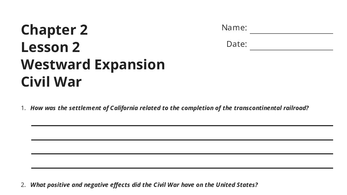 Chapter 2 Lesson 2 Westward Expansion Civil War - My Worksheet Maker ...