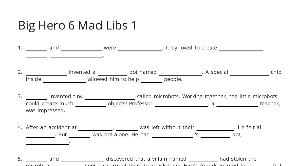 Big Hero 6 Mad Libs 1 - My Worksheet Maker: Create Your Own Worksheets