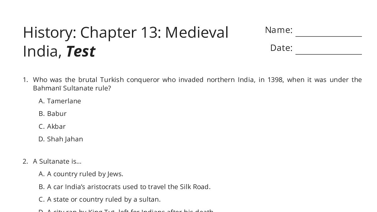 History: Chapter 13: Medieval India, Test - My Worksheet Maker: Create ...