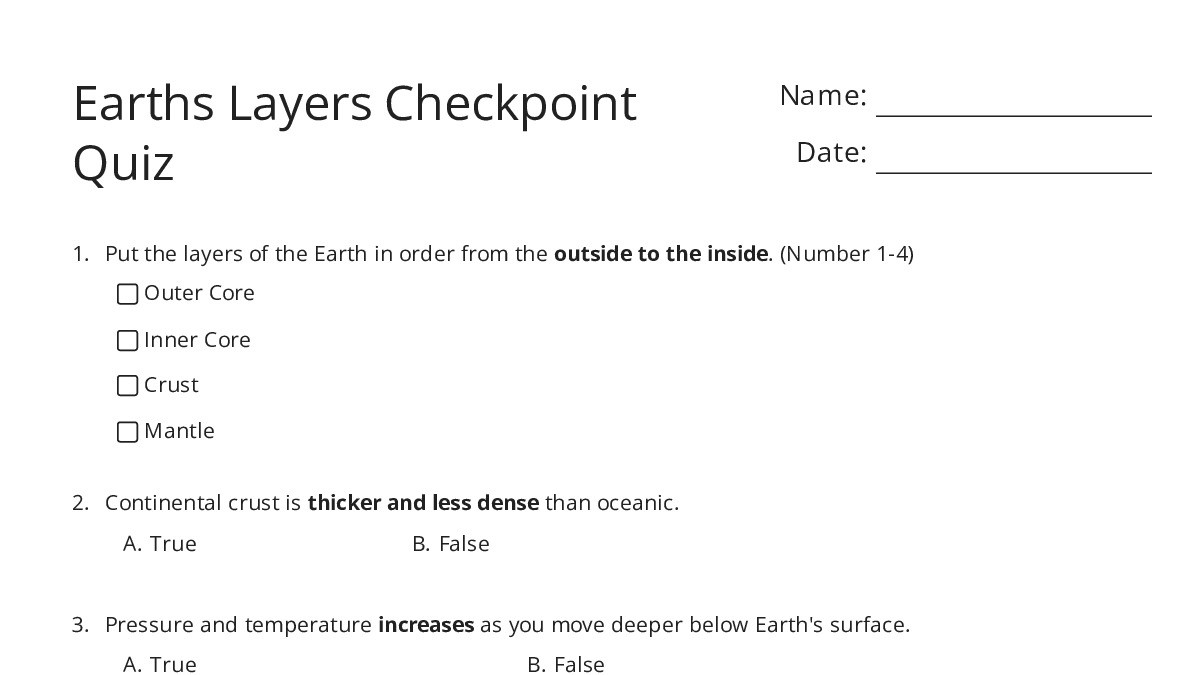 Earths Layers Checkpoint Quiz - My Worksheet Maker: Create Your Own ...
