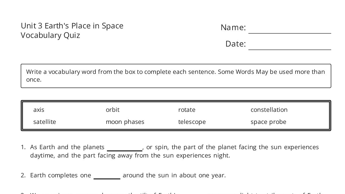 Unit 3 Earth's Place in Space Vocabulary Quiz - My Worksheet Maker ...