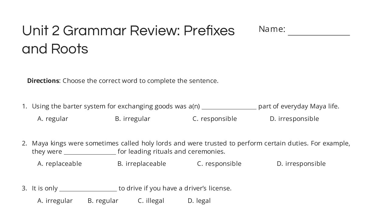 Unit 2 Grammar Review: Prefixes and Roots - My Worksheet Maker: Create ...
