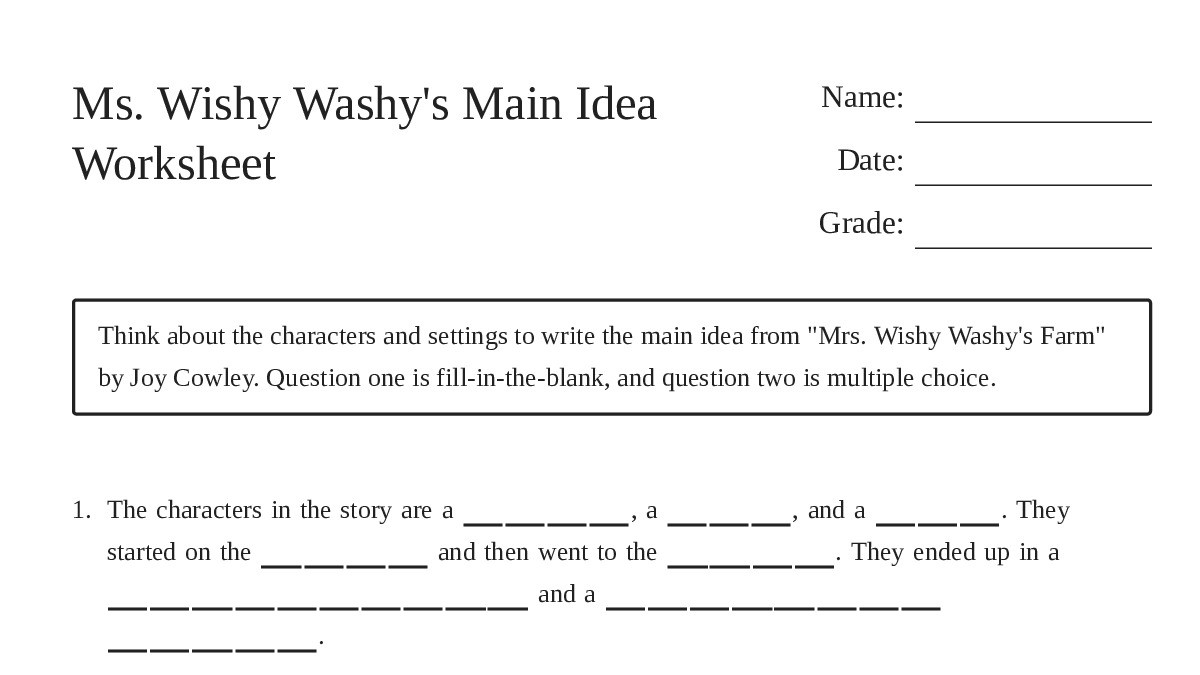 Ms. Wishy Washy's Main Idea Worksheet - My Worksheet Maker: Create Your ...