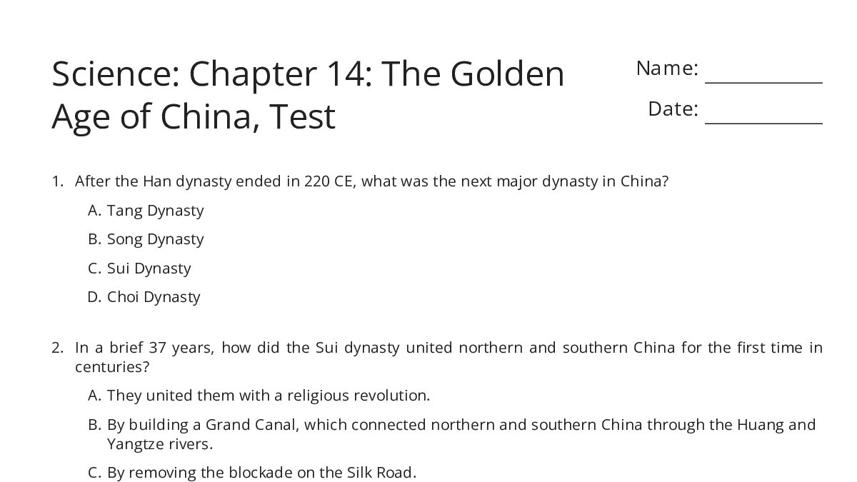 Science: Chapter 14: The Golden Age of China, Test - My Worksheet Maker ...