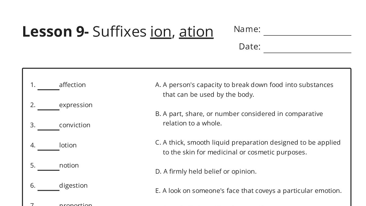 Lesson 9- Suffixes ion, ation - My Worksheet Maker: Create Your Own ...