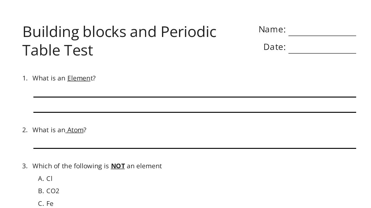 Building blocks and Periodic Table Test - My Worksheet Maker: Create ...