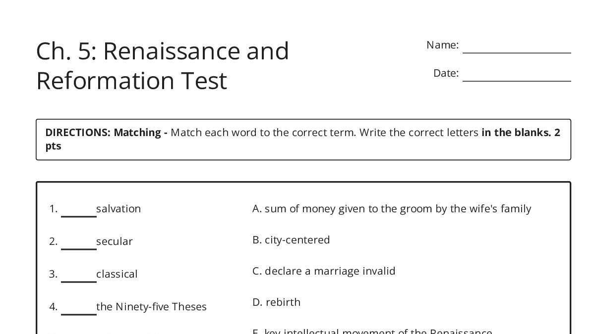 Ch. 5: Renaissance and Reformation Test - My Worksheet Maker: Create ...