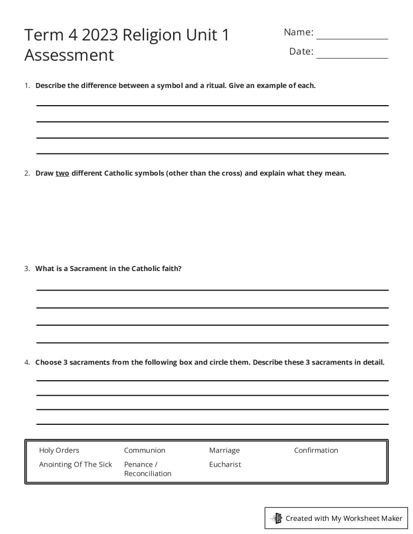 Term 4 2023 Religion Unit 1 Assessment - My Worksheet Maker: Create ... Term 4 2023 Religion Unit 1 Assessment - My Worksheet Maker: Create ...