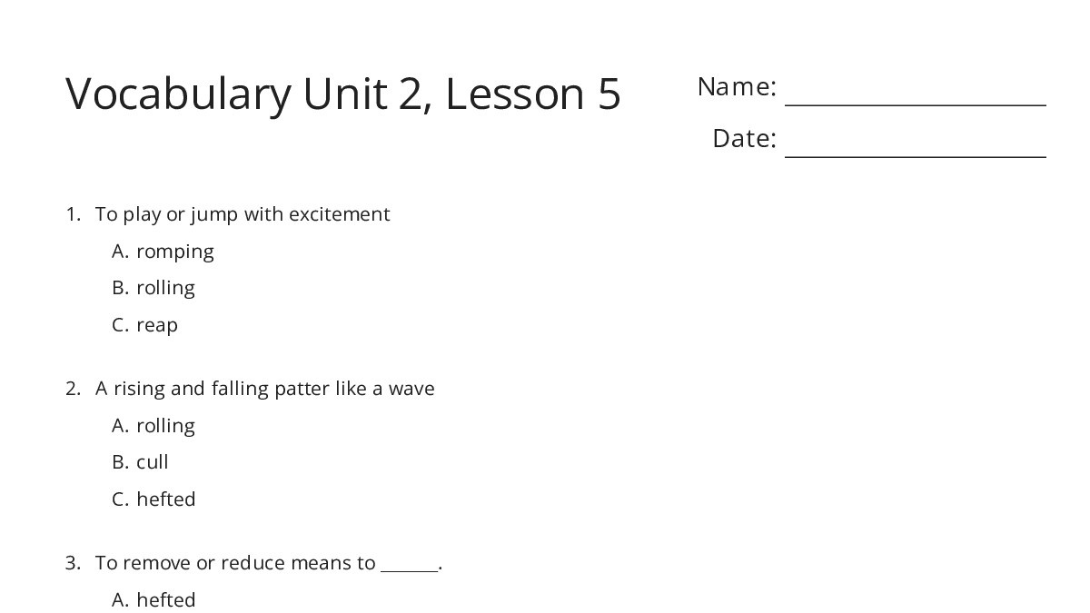 Vocabulary Unit 2, Lesson 5 - My Worksheet Maker: Create Your Own ...