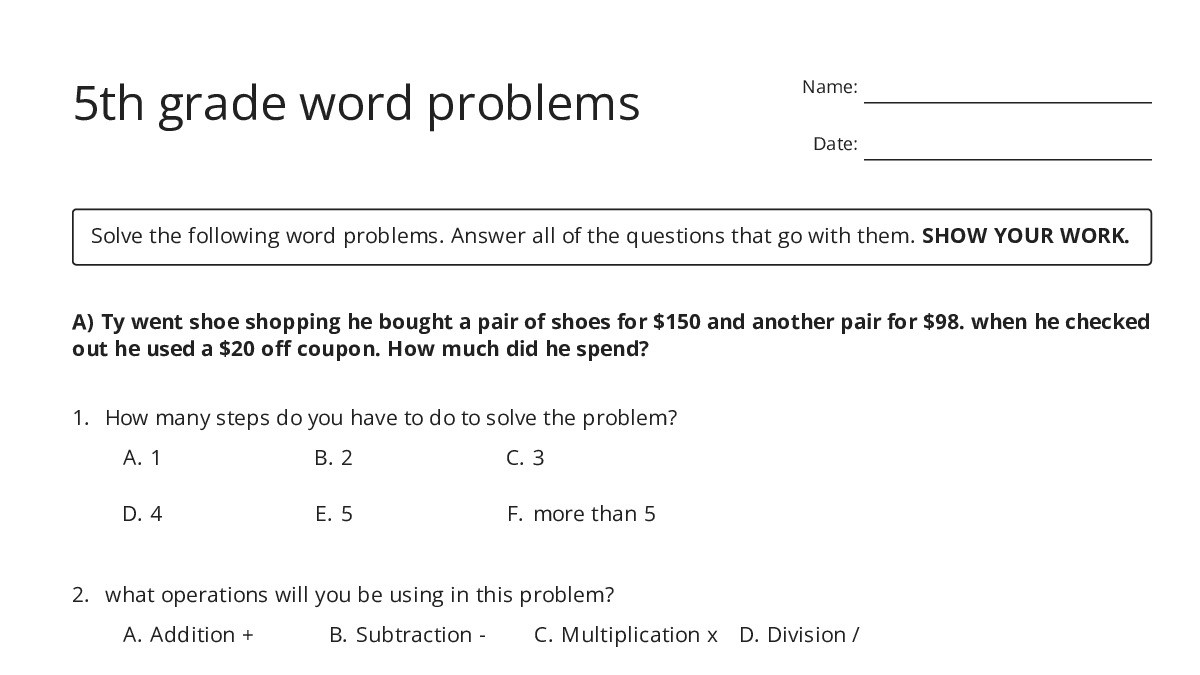 5th grade word problems - My Worksheet Maker: Create Your Own Worksheets