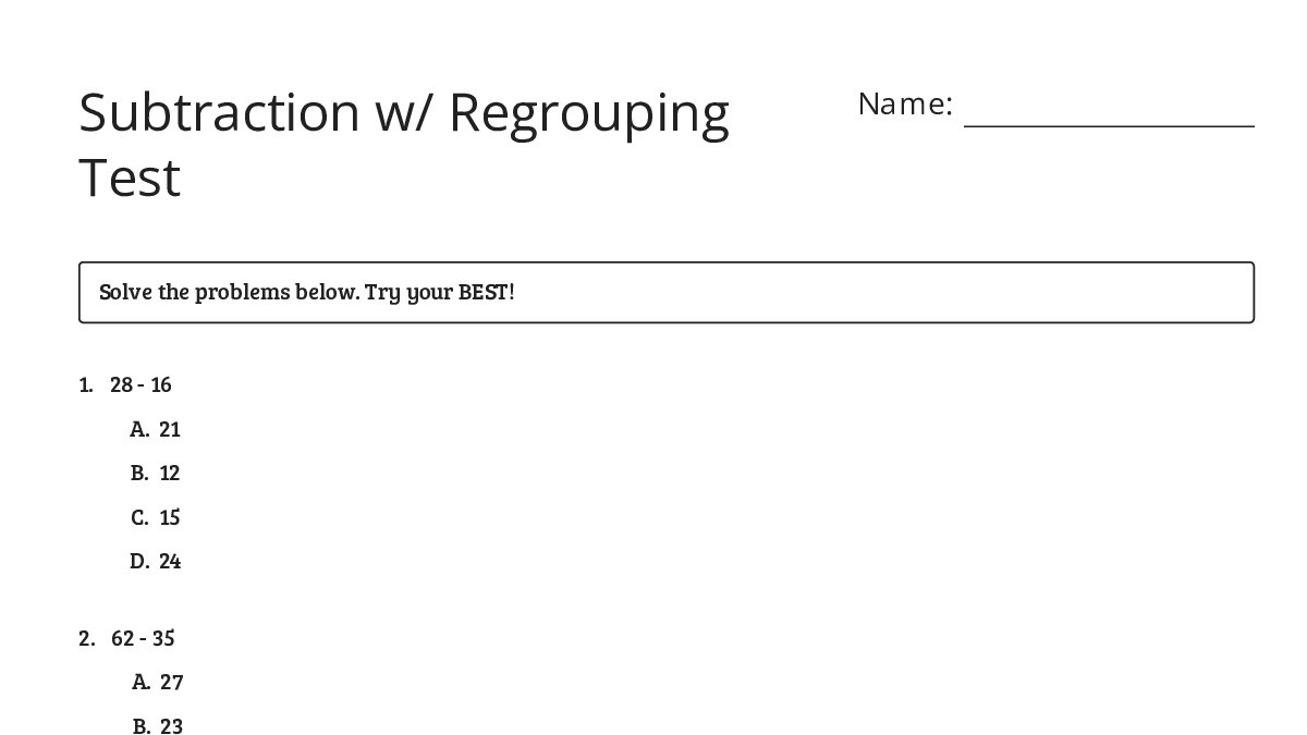 Subtraction w/ Regrouping Test - My Worksheet Maker: Create Your Own ...