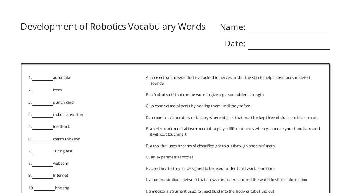 Development of Robotics Vocabulary Words - My Worksheet Maker: Create ...