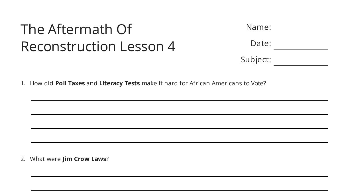 The Aftermath Of Reconstruction Lesson 4 - My Worksheet Maker: Create ...