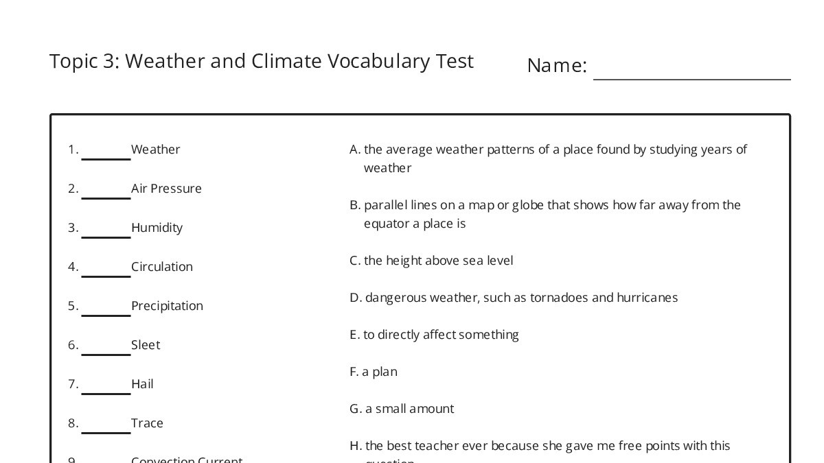 Topic 3: Weather and Climate Vocabulary Test - My Worksheet Maker ...