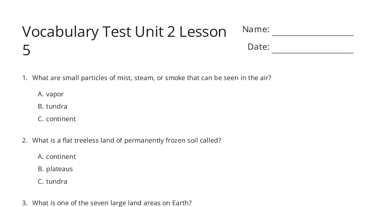 Vocabulary Test Unit 2 Lesson 5 - My Worksheet Maker: Create Your Own ...