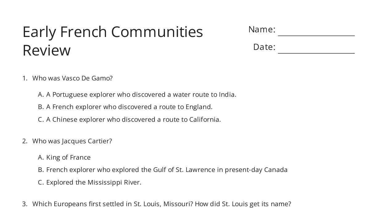 Early French Communities Review - My Worksheet Maker: Create Your Own ...