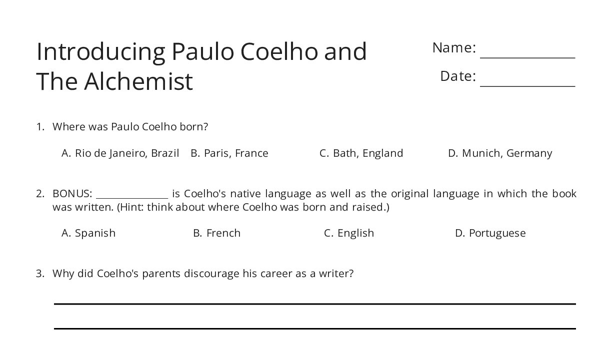 Introducing Paulo Coelho and The Alchemist - My Worksheet Maker: Create ...