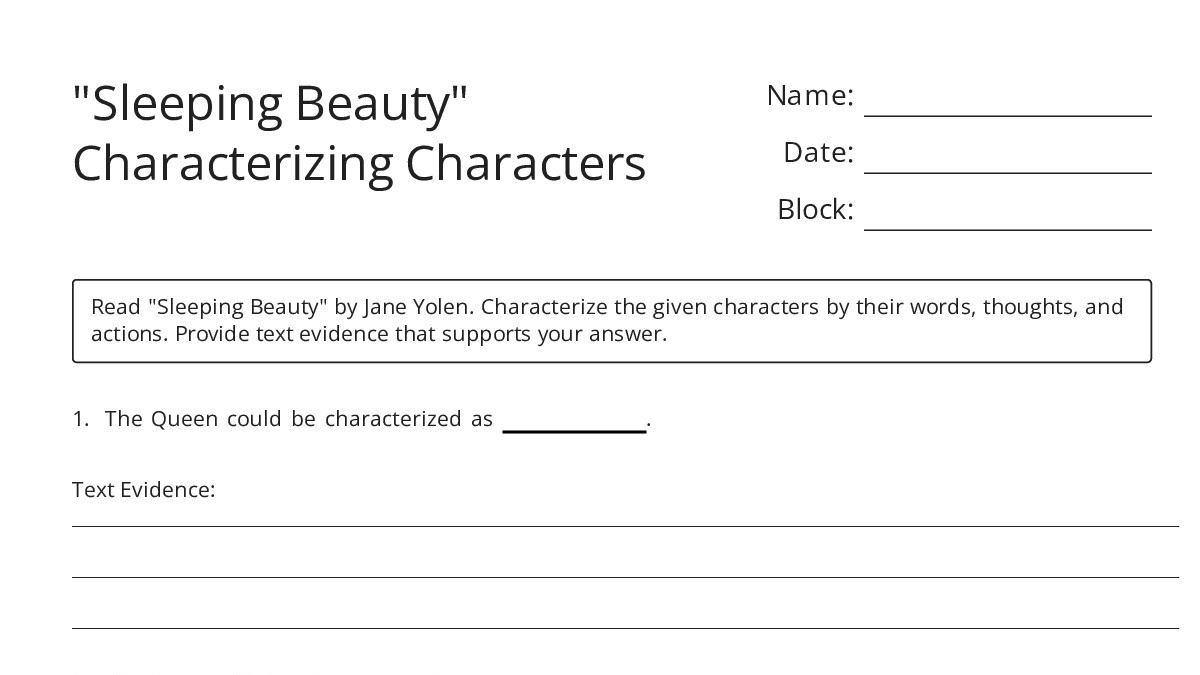 "Sleeping Beauty" Characterizing Characters - My Worksheet Maker ...