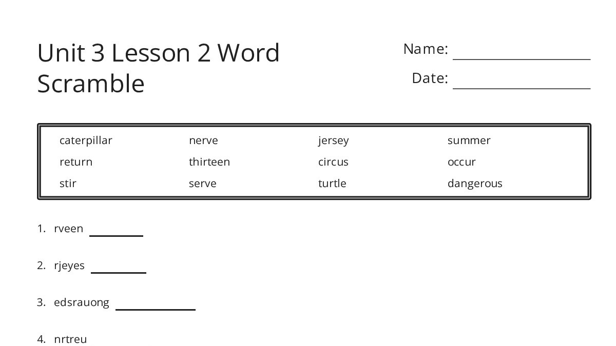 Unit 3 Lesson 2 Word Scramble - My Worksheet Maker: Create Your Own ...