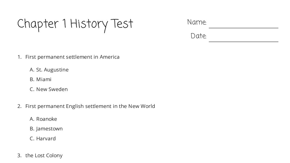Chapter 1 History Test - My Worksheet Maker: Create Your Own Worksheets
