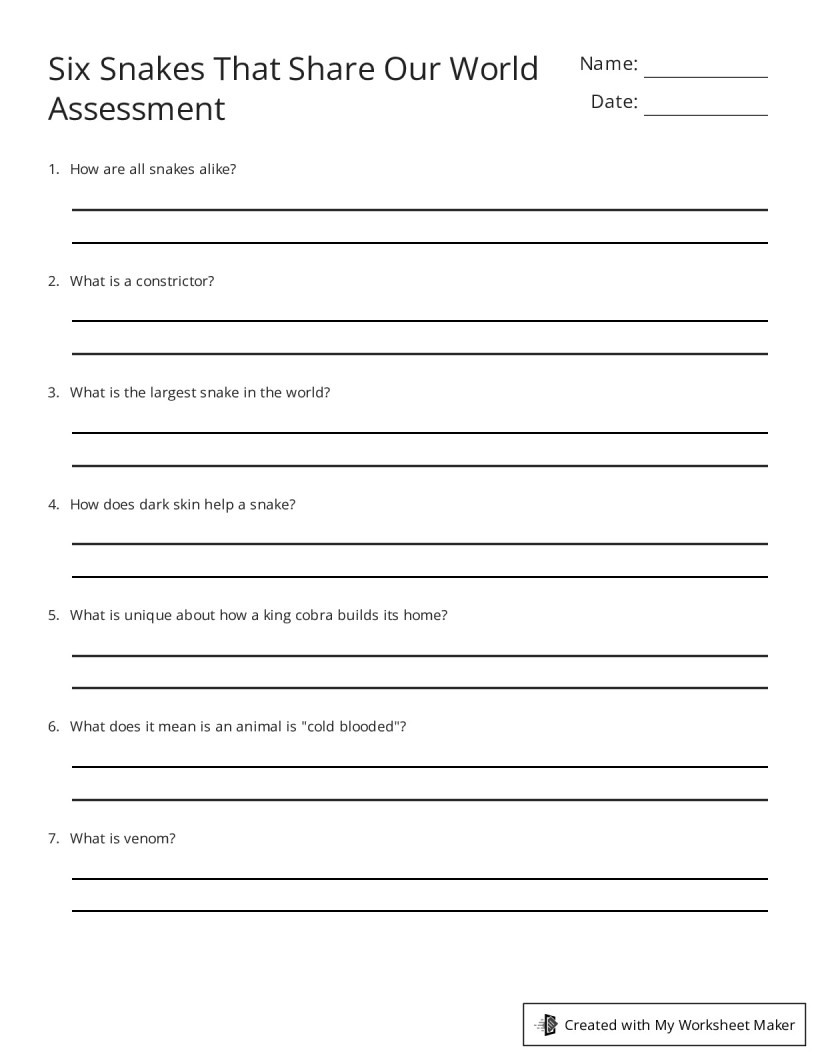 Six Snakes That Share Our World Assessment - My Worksheet Maker: Create ...
